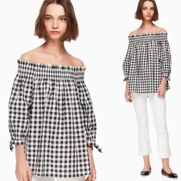 kate spade | Tops | Kate Spade Off Shoulder Smocked Gingham Top L Black ...